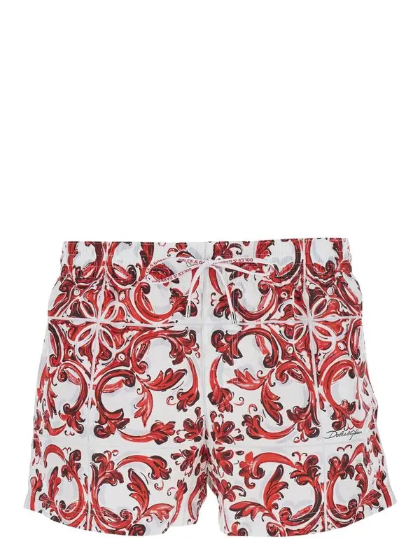 Dolce & Gabbana Bordeaux Swim Shorts With Elasticated Waist And Drawstring And All-over Majolica Print In Tech Fabric For - Multicolor