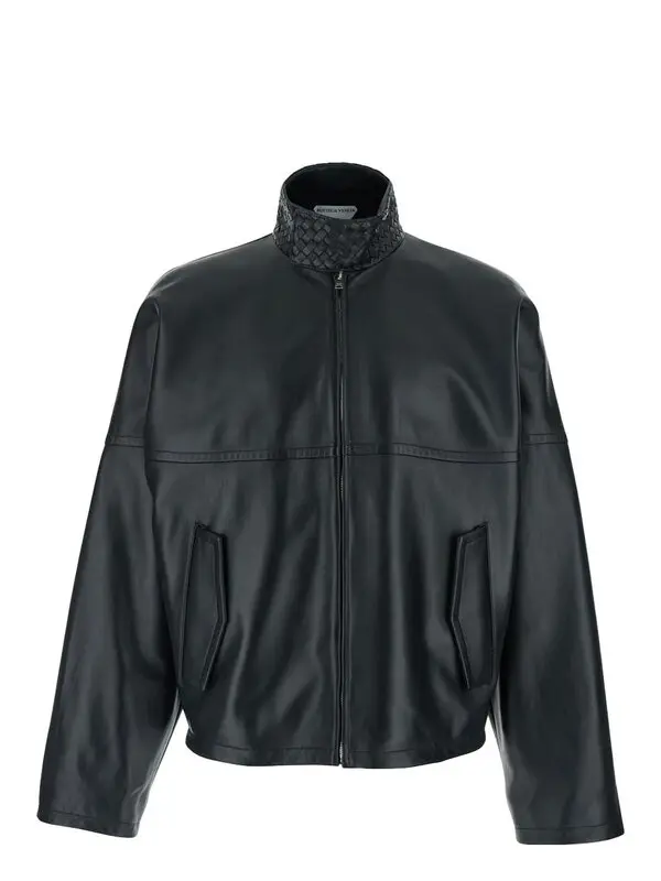 Bottega Veneta Black Bomber Jacket With High Collar With Intreccio Design In Leather For - Multicolor