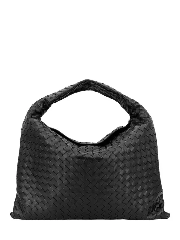 Bottega Veneta Hop Hobo Leather Shoulder Bag With Intreccio Pattern - Black