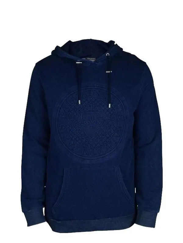 Balmain Denim Effect Logo Hooded Sweatshirt - Blue