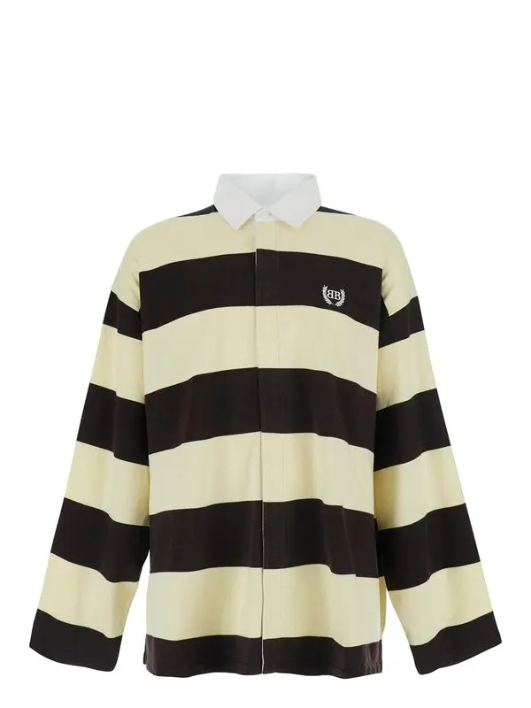 Balenciaga Brown Long Sleeve Polo Shirt With Logo Embroidery On The Front And All-over Stripes In Cotton For - Multicolor