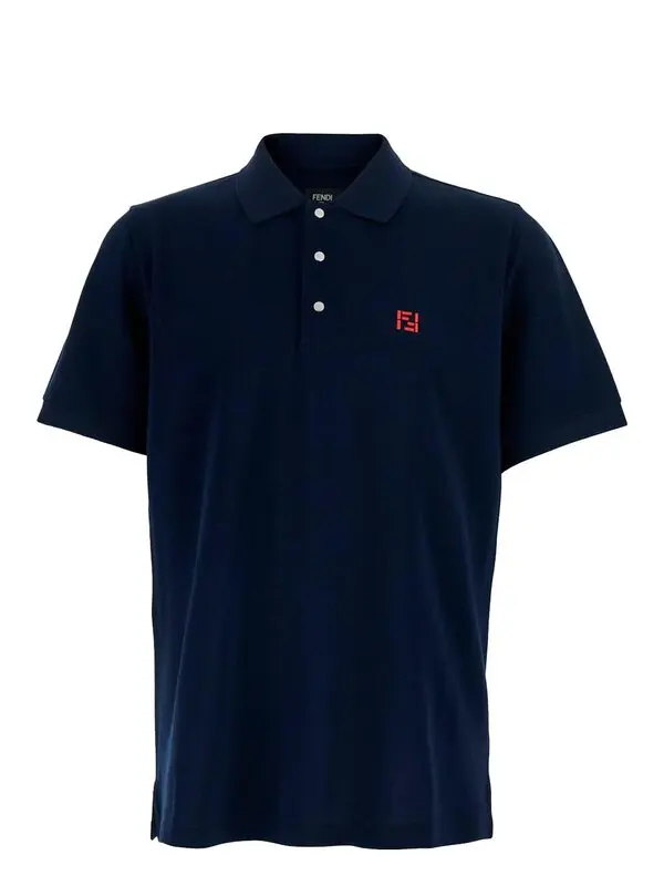 Fendi Blue Polo With Classic Collar And Logo On The Front In Cotton - Multicolor