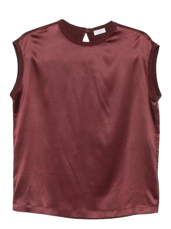 Brunello Cucinelli Satin Finish Round Neck Cap Sleeves Blouse - Red