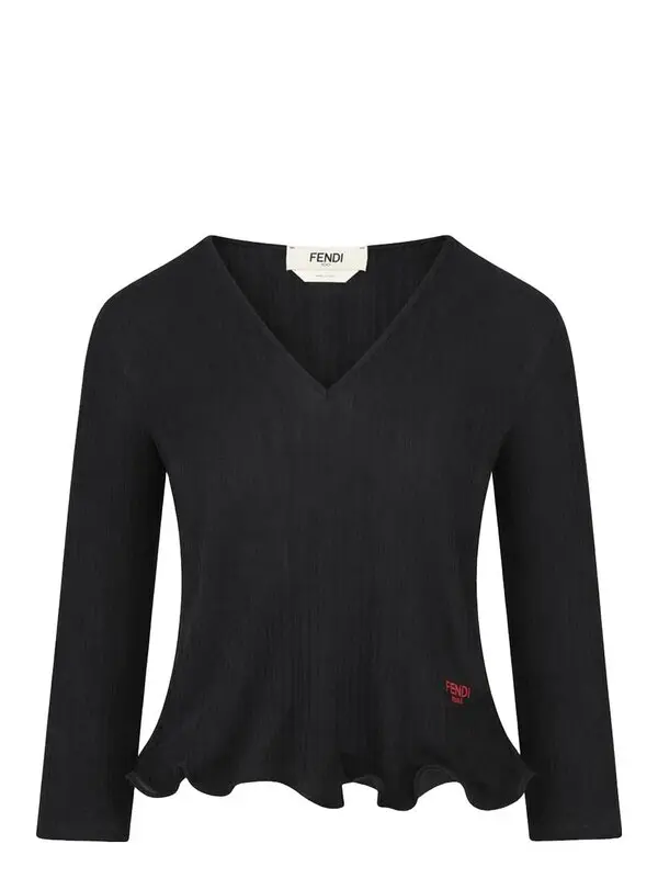 Fendi Virgin Wool V-neck Long Sleeve Top - Black