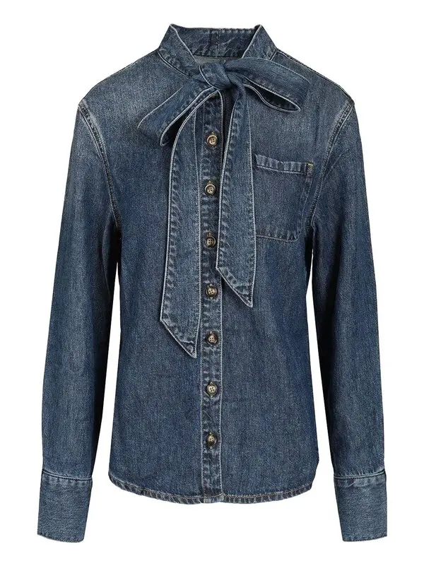 SELF-PORTRAIT Lyocell Bow Shirt - Blue
