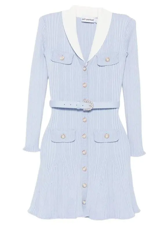 SELF-PORTRAIT Ribbed Knit Mini Dress - Blue
