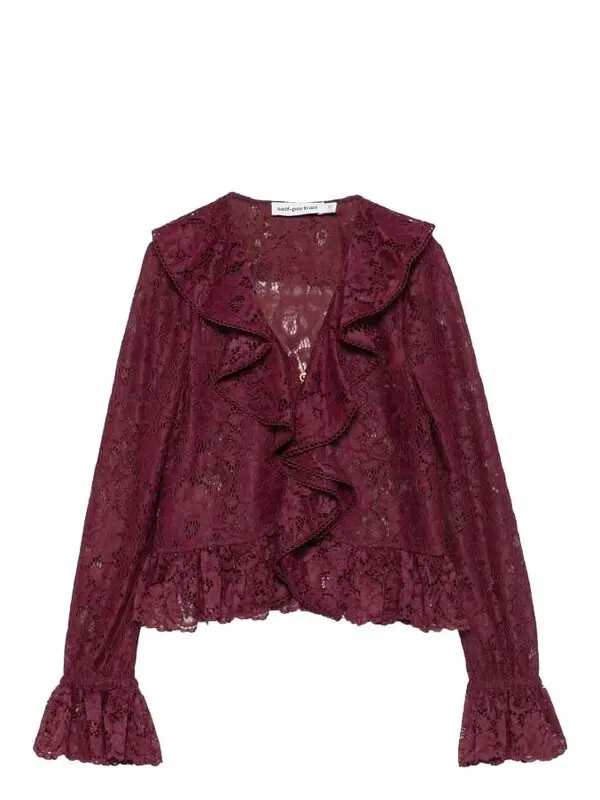 SELF-PORTRAIT Floral Lace Ruffled V-neck Blouse - Red