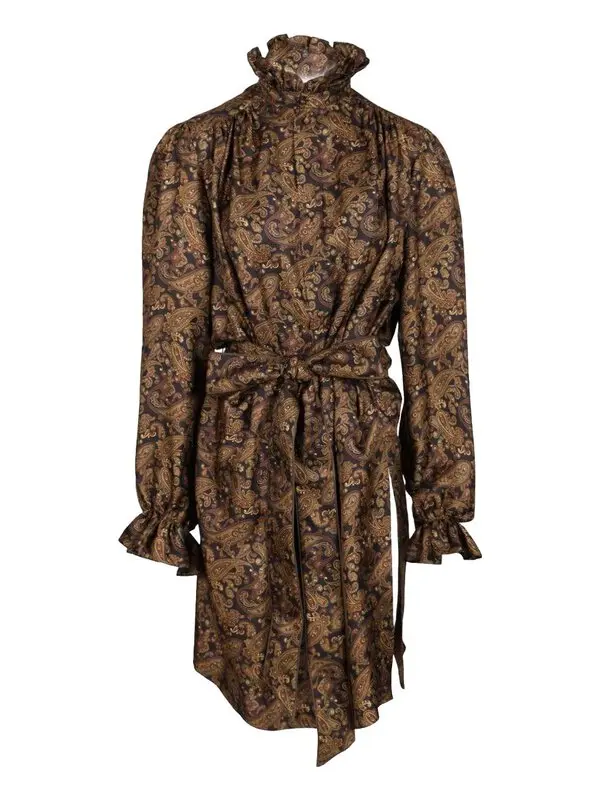 Saint Laurent Paisley Pattern Silk Twill Dress - Brown