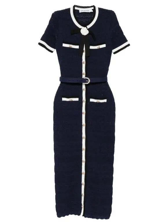 SELF-PORTRAIT Pointelle Knit Bow Detail Day Dress - Blue