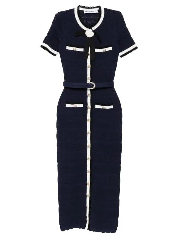 SELF-PORTRAIT Pointelle Knit Bow Detail Day Dress - Blue