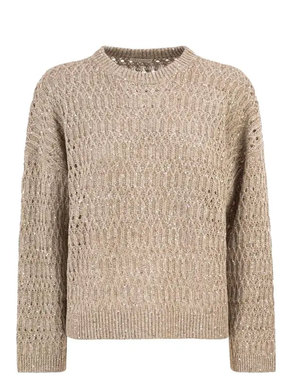 Brunello Cucinelli Linen Openwork Crew Neck Jumper With Sequins - Cream