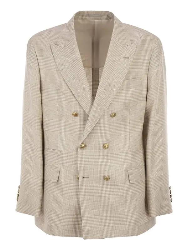 Brunello Cucinelli Deconstructed One-and-a-half-breasted Jacket In Virgin Wool, Silk And Linen Prince Of Wales Check With Metal Buttons - Multicolor