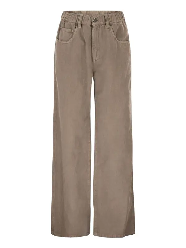 Brunello Cucinelli Contemporary Trousers In Garment-dyed Cotton And Linen Cover With Monile - Brown