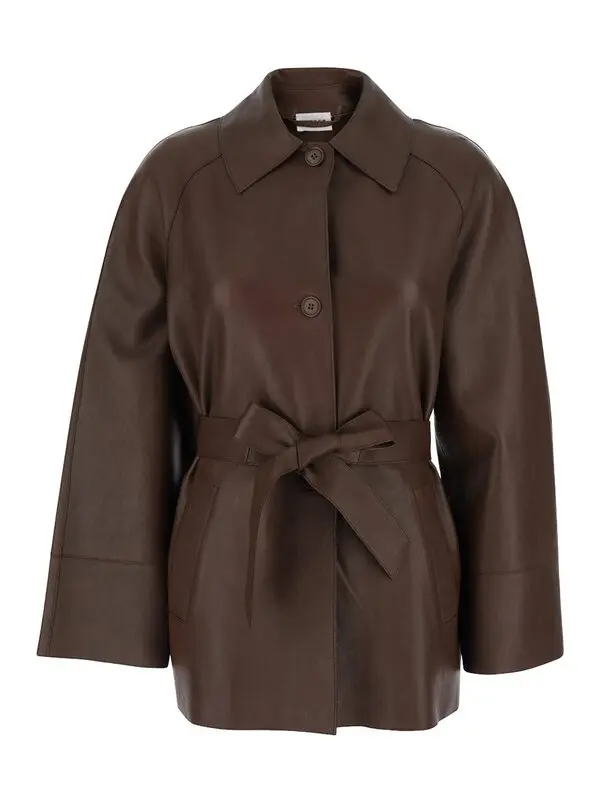 P.a.r.o.s.h Brown Leather Jacket With Wide Collar And Front Belt For - Multicolor