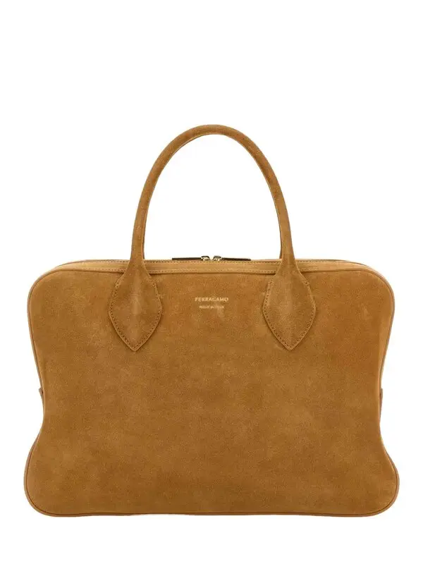 FERRAGAMO Camel Suede Medium Handbag - Brown