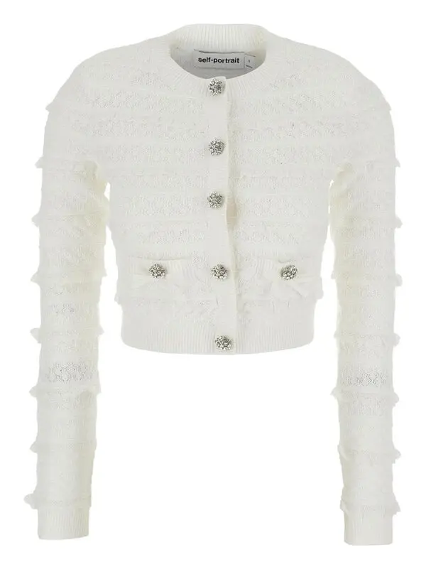 SELF-PORTRAIT Cardigan 'white Pointelle Diamante' With Long Sleeves In White Knit For - Multicolor