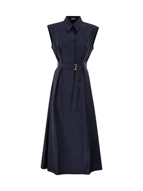Brunello Cucinelli Long Sleeveless Cotton Dress With Belt At The Waist - Blue