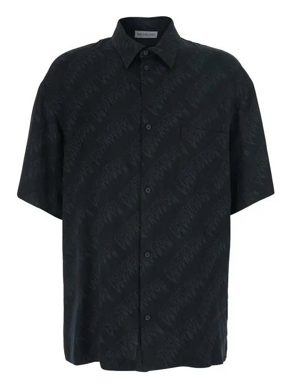 Balenciaga Shirt 'creeper' With Classic Collar And All-over Logo Motif In Viscose For - Black