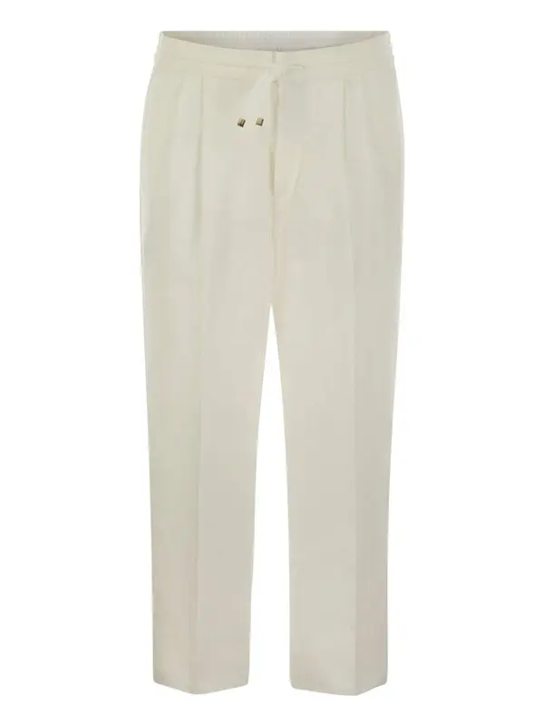 Brunello Cucinelli Leisure Fit Trousers In Linen And Cotton Gabardine With Drawstring And Double Darts - Cream