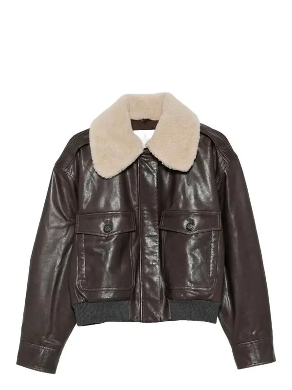 Brunello Cucinelli Shearling Collar Leather Bomber Jacket - Brown