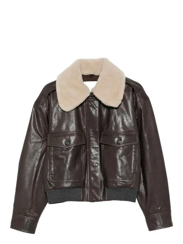 Brunello Cucinelli Shearling Collar Leather Bomber Jacket - Brown