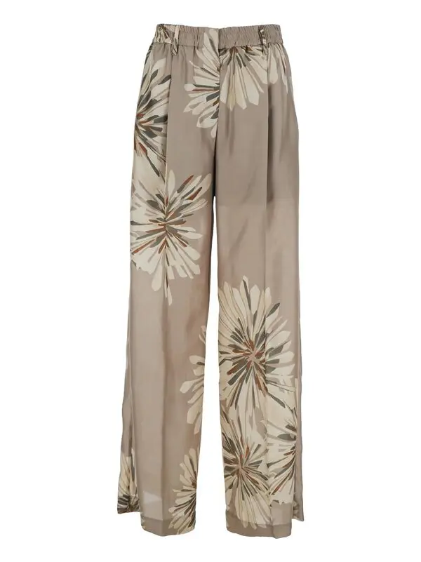 Brunello Cucinelli Beige Pants With Elastic Waistband And All-over Floral Print In Silk - Multicolor