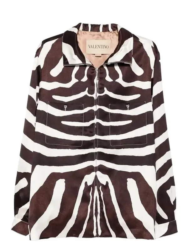 Valentino Garavani Zebra Print High Neck Zip-up Shirt Jacket - Brown