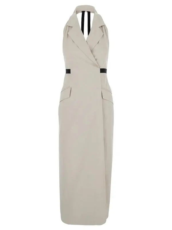 Max Mara Beige Dress With Notched Revers And Open Back In Blend Cotton And Virgin Wool - Multicolor