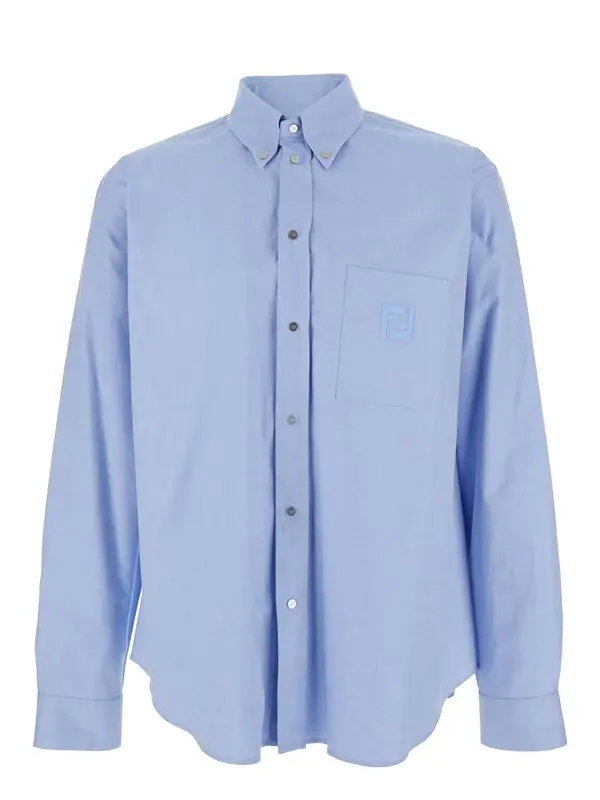Fendi Light Button-down Collar Shirt With Ff Embroidery On Front In Cotton For - Blue