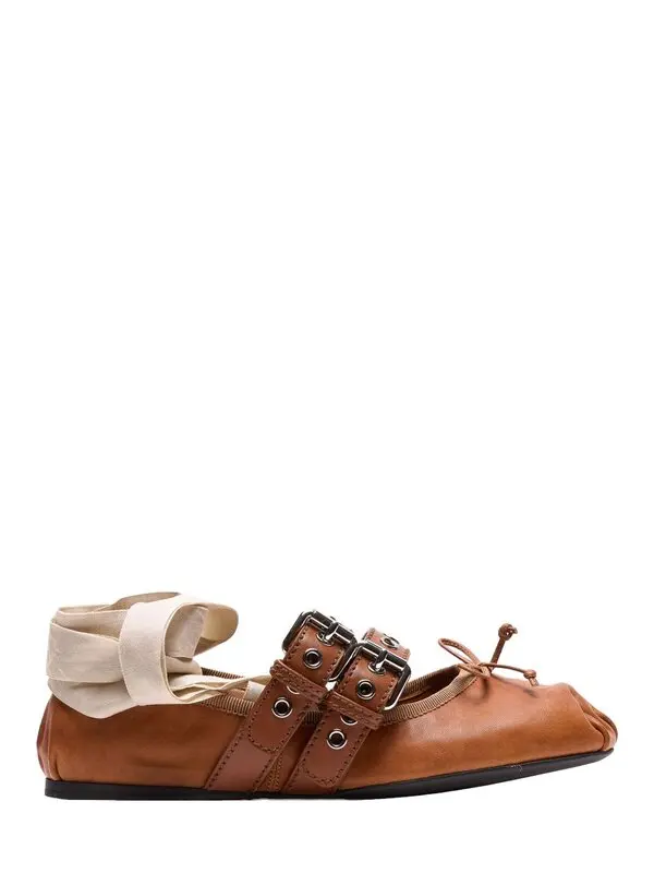 Miu Miu Calfskin Ballerinas With Straps - Brown