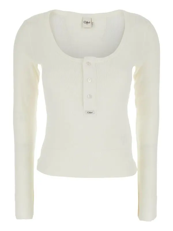 Chloé White Long Sleeve T-shirt With Logo Patch On The Front In Ribbed Knit Cotton For - Multicolor