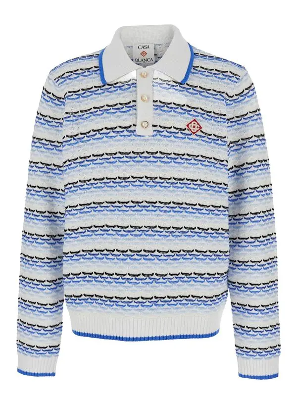 Casablanca Blue Polo With Logo Embroidery On The Front And All-over Stripes In Cotton - Multicolor
