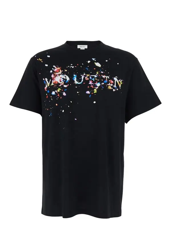 Alexander McQueen Black Crewneck T-shirt With Print On The Front In Cotton - Multicolor
