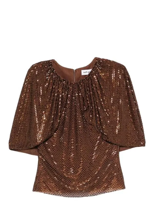 SELF-PORTRAIT Sequin Embellished Round Neck Cape Sleeve Blouse - Brown