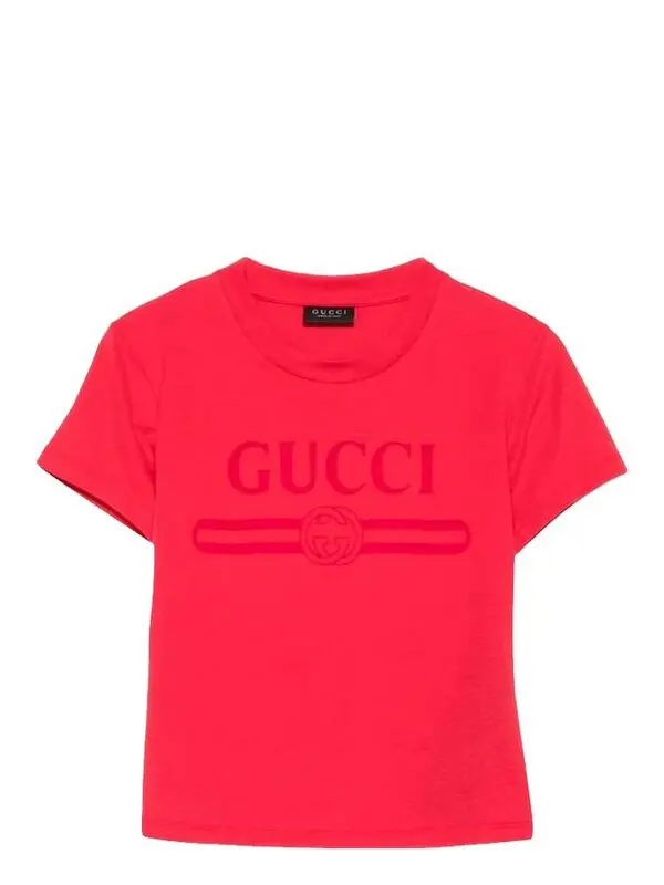 Gucci Interlocking G Logo Tonal Logo Print Crew Neck Short Sleeves Slim Fit Straight Hem T-shirt - Red