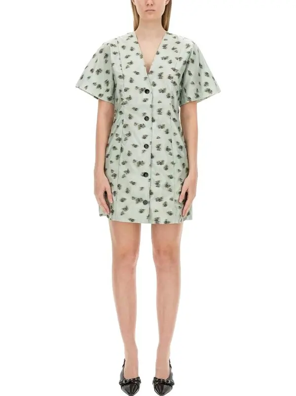 GANNI Floral Print Short Sleeve Mini Dress - Green