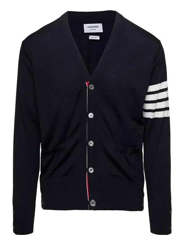 Thom Browne Blue Cardigan With V-neck And Stripe Detail In Wool For - Multicolor