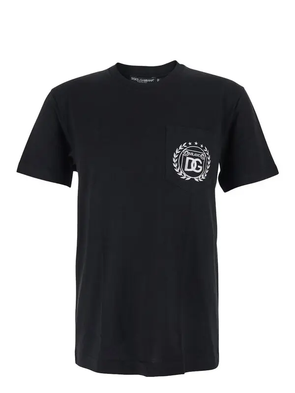 Dolce & Gabbana Crewneck T-shirt With Logo Embroidery On The Front In Cotton - Black