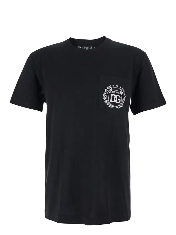 Dolce & Gabbana Crewneck T-shirt With Logo Embroidery On The Front In Cotton - Black