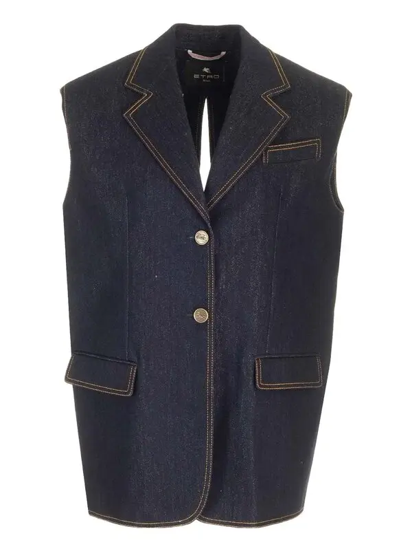 Etro Metallic Cotton Blend Denim Waistcoat - Blue
