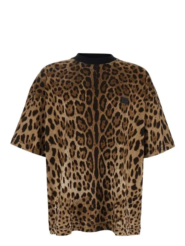 Dolce & Gabbana Brown T-shirt With All-over Leopard Motif In Cotton - Multicolor