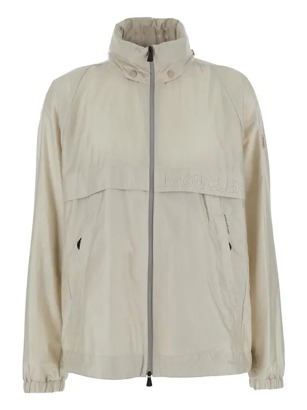 Moncler Negara' Beige Jacket With Logo Print On The Front And Removable Hood In Tech Fabric - Multicolor