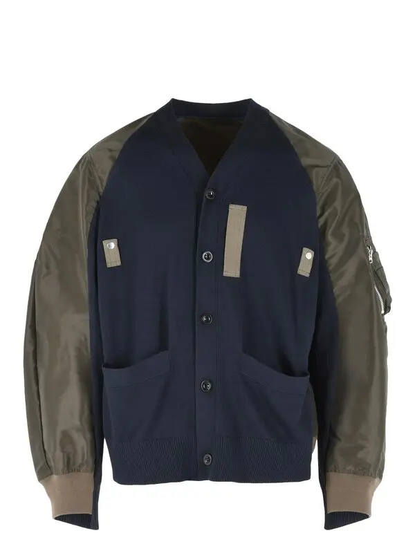Sacai Cardigan In Navy Cotton And Khaki Blend - Blue