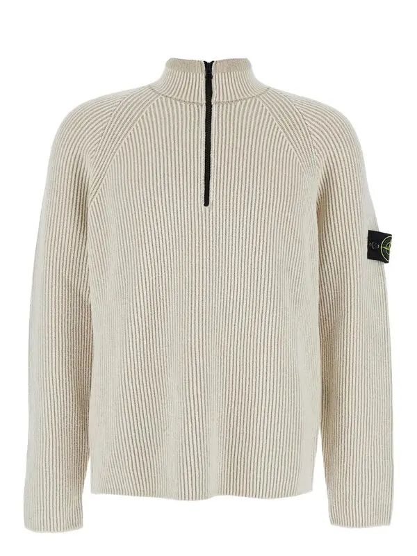 Stone Island White Sweater With Logo Patch On The Sleeve And Front Half Zip Closure In Wool Stretch - Multicolor