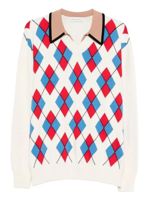 Dries Van Noten Argyle Pattern V-neck Sweatshirt - White