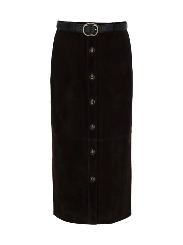 SELF-PORTRAIT Suede Midi Skirt - Brown