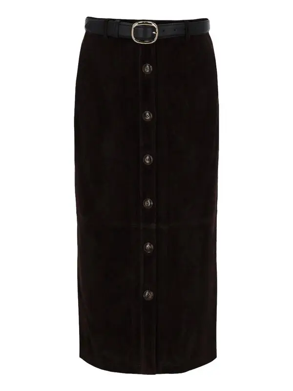 SELF-PORTRAIT Suede Midi Skirt - Brown