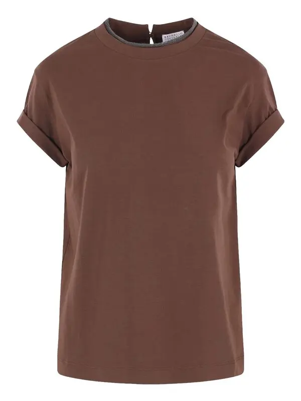 Brunello Cucinelli Stretch Cotton Jersey T-shirt With Precious Faux Layering - Brown