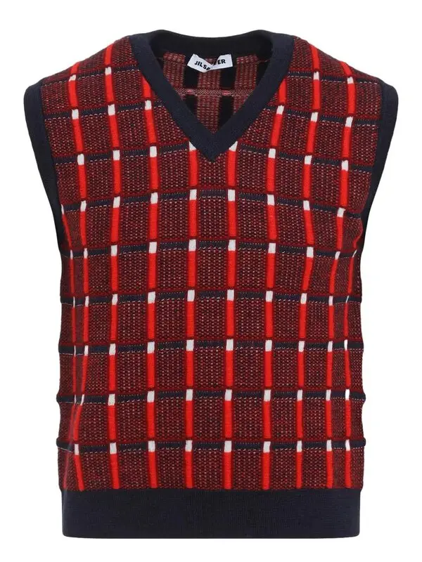 JIL SANDER Checked Wool Knit Vest - Red