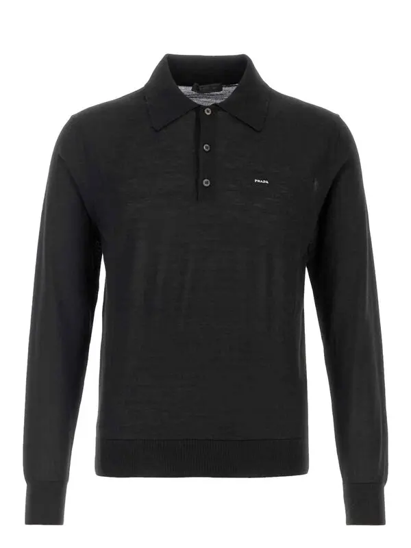 Prada Virgin Wool Long Sleeve Polo Sweater - Black